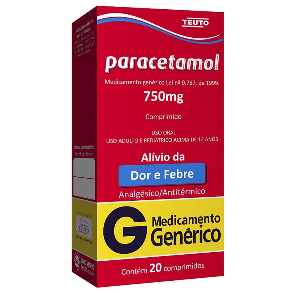 Paracetamol 750mg c/ 20 Comprimidos Genérico Teuto - Farmadelivery